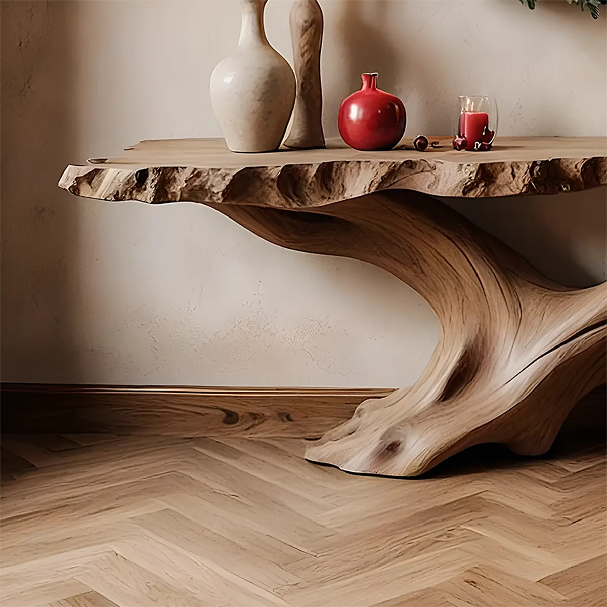 Live Edge Oak Console Table – Root Twist Sculptural Base – Rustira